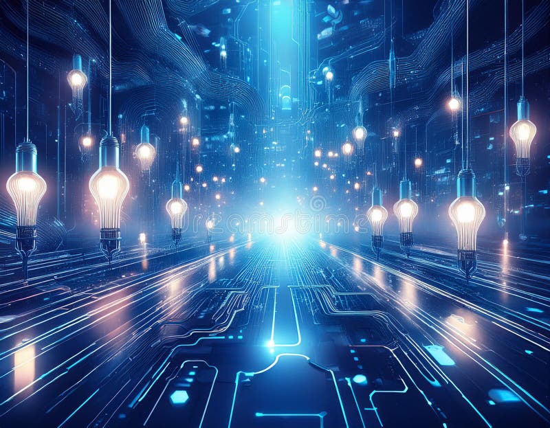 Floating Light Bulbs with Digital Brain: AI Innovation, Neural Networks ...