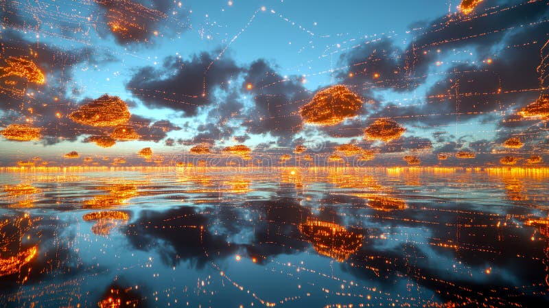 Floating Lines of Code Intertwine with a Tranquil Sky Reflecting upon a ...