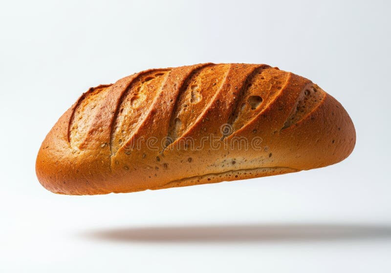 A Floating Loaf of Bread, Fully Horizontal, on a Solid White Background ...