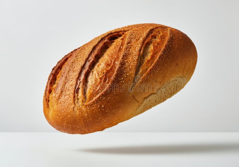 A Floating Loaf of Bread with a Golden Crust, on a Solid White ...