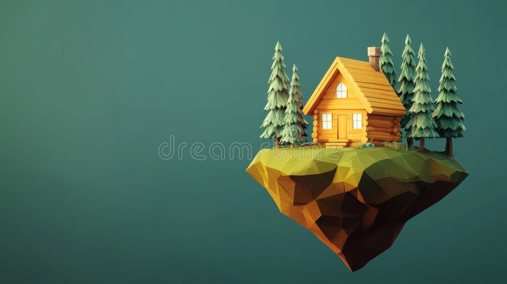 Floating Log Cabin among Green Trees Stock Illustration - Illustration ...