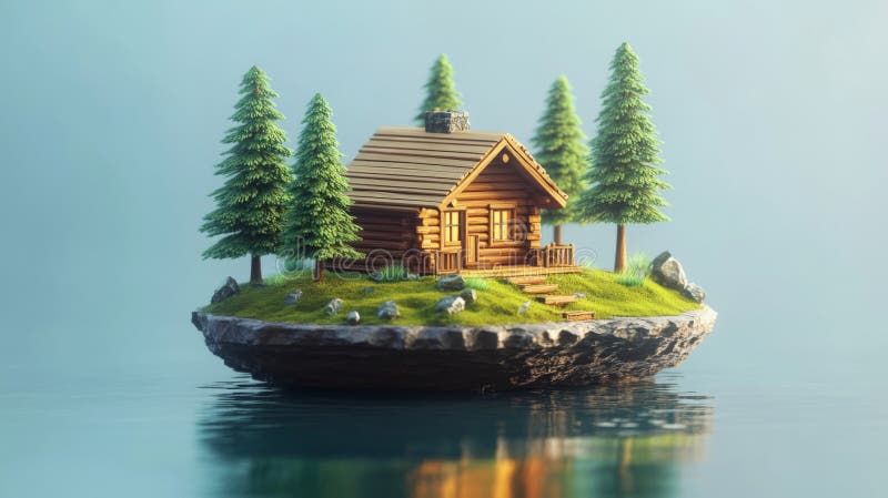 Floating Log Cabin on a Secluded Island Stock Illustration ...