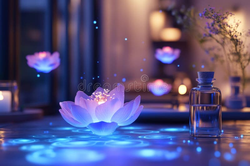 Floating Lotus Flower Illuminated in Tranquil Indoor Setting with Soft ...