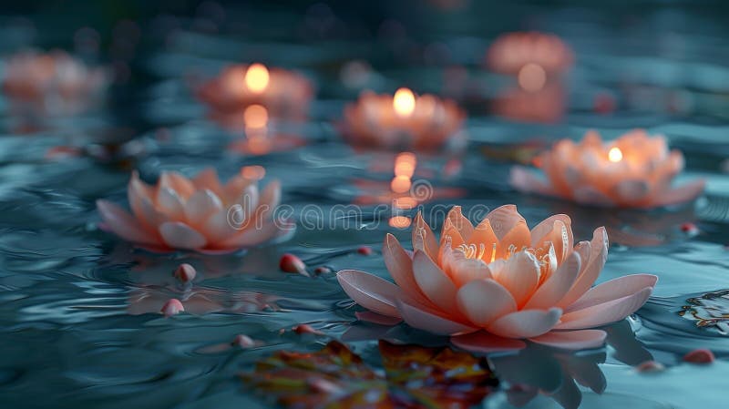 Floating Lotus Flowers with Candlelights - Generative Ai Stock ...