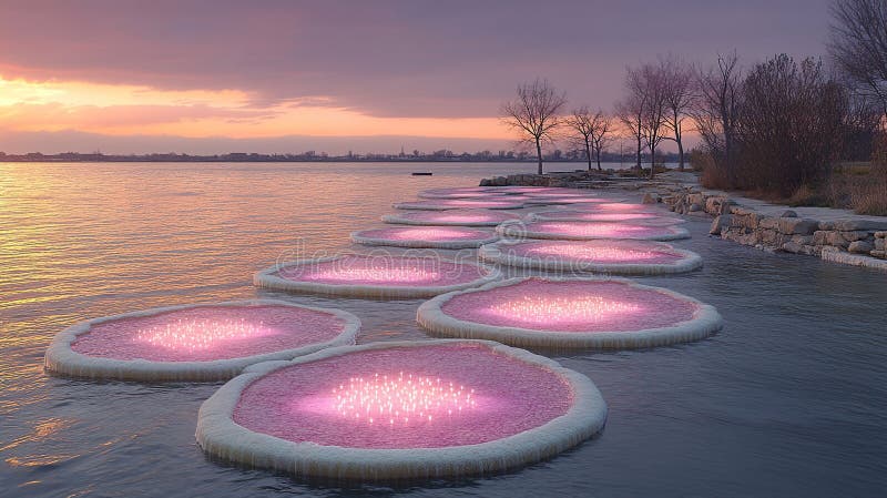 Floating Lotus-shaped Platforms Illuminated by Pink Lights on a Lake at ...