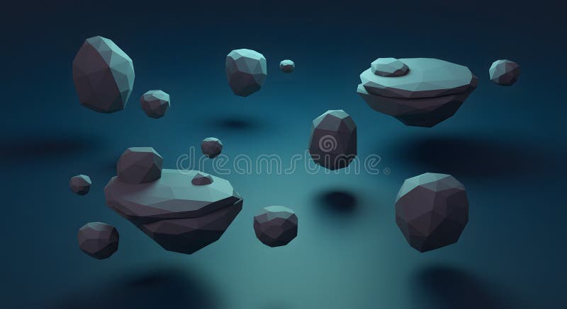 Floating Low Poly Rocks in Teal Space: Abstract 3D Render of Geometric ...