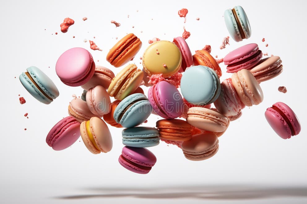 Floating Macarons with Splashes on Transparent Background Stock ...