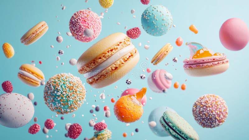Floating Macarons and Sweets Against a Blue Background Stock Image ...
