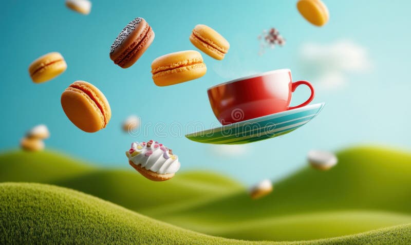 Floating Macarons and Tea Cup in a Dreamy Landscape Stock Illustration ...