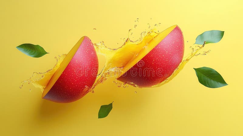Floating Mango Halves Splashed with Juice and Leaves on Yellow ...