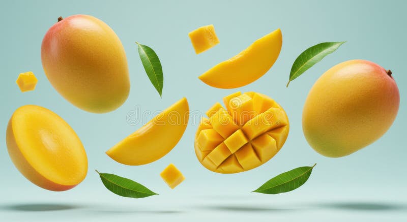 Floating Mango Pieces and Whole Mangoes on a Blue Background Stock ...