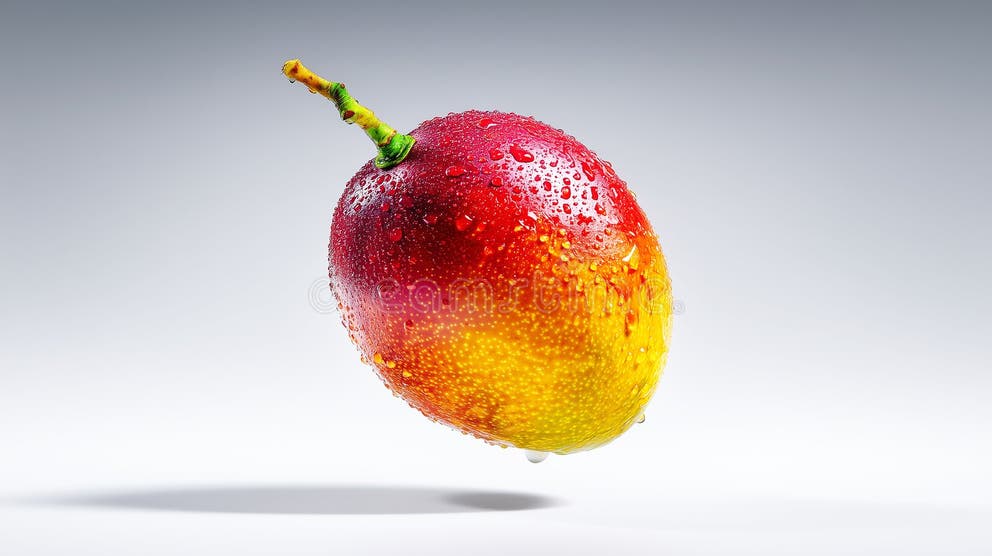 Floating Mango with Refreshing Water Droplets on Light Gray Background ...