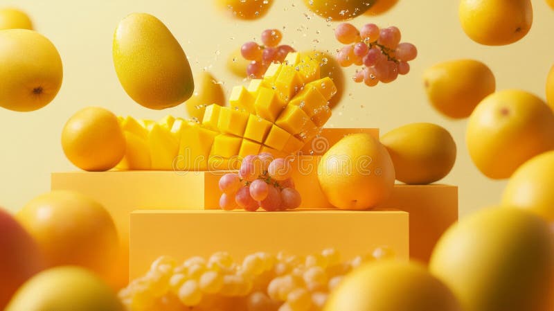 Floating Mangoes and Grapes on Yellow Cubes Stock Illustration ...