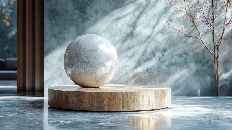 Floating Marble Sphere on Wooden Platform Stock Illustration ...
