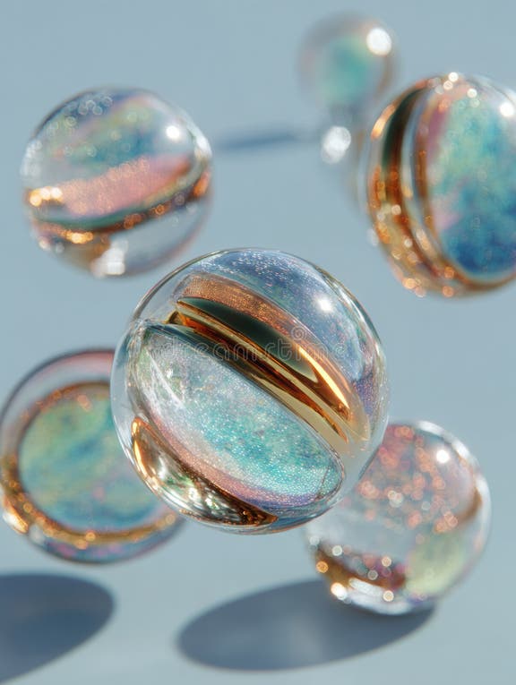 Colorful Floating Marbles in Motion Against a Soft Blue Background Highlighting Their Reflective ...