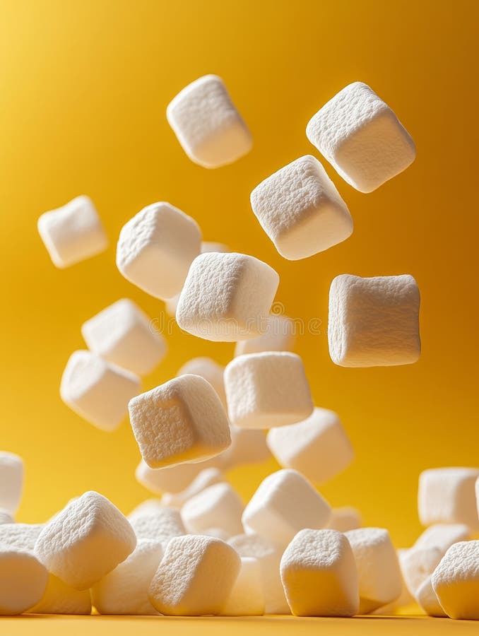 Floating Marshmallows Against a Yellow Background. Stock Photo - Image ...