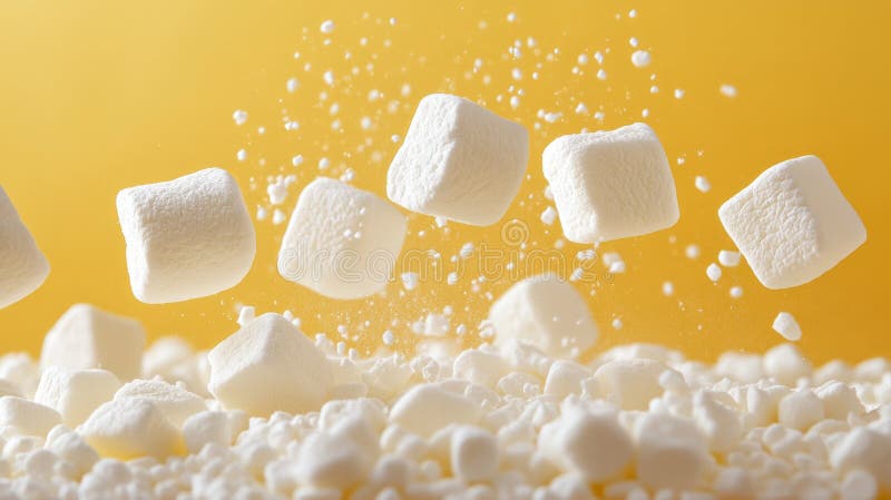 Floating Marshmallows with Sugar Against a Yellow Background. Stock ...