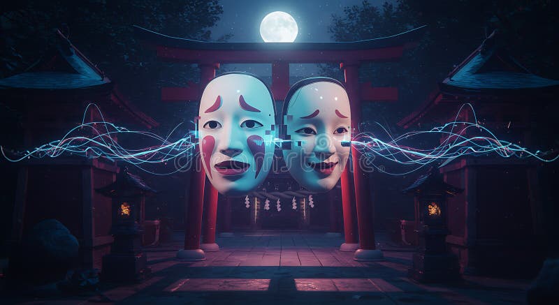 Floating Masks at Shrine with Glowing Energy at Night Stock ...