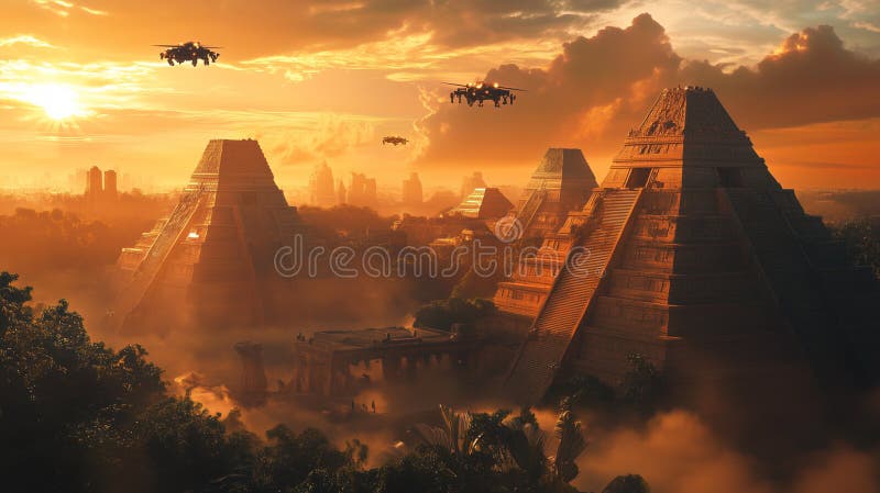 Floating Mayan Metropolis during Sunset with Futuristic Drones ...