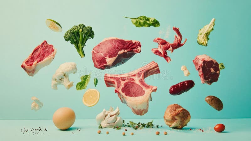 Floating Meat and Vegetables on Blue Background Stock Illustration ...