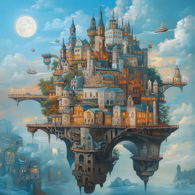 Floating Medieval Castle Illuminated Under a Full Moon Stock Photo ...