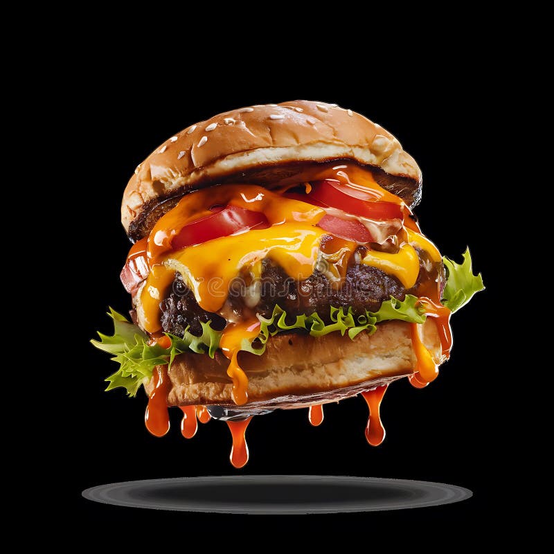 Floating Melted Cheese Splashing Burger Featuring Layers of Premium ...