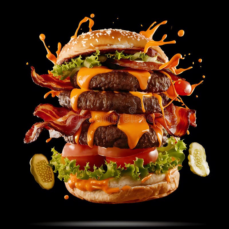 Floating Melted Cheese Splashing Burger Featuring Layers of Premium ...