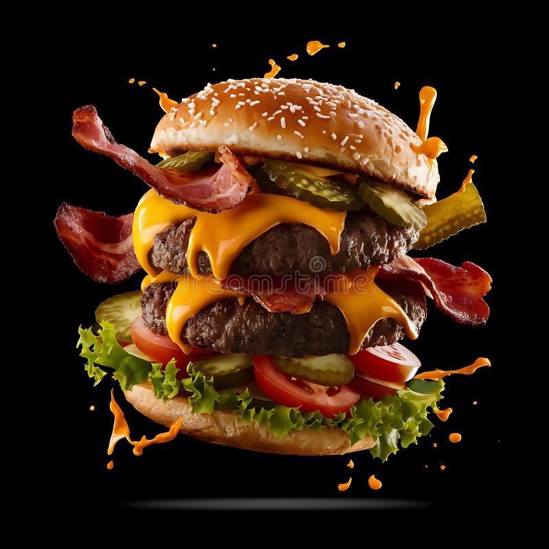 Floating Melted Cheese Splashing Burger Featuring Layers of Premium ...
