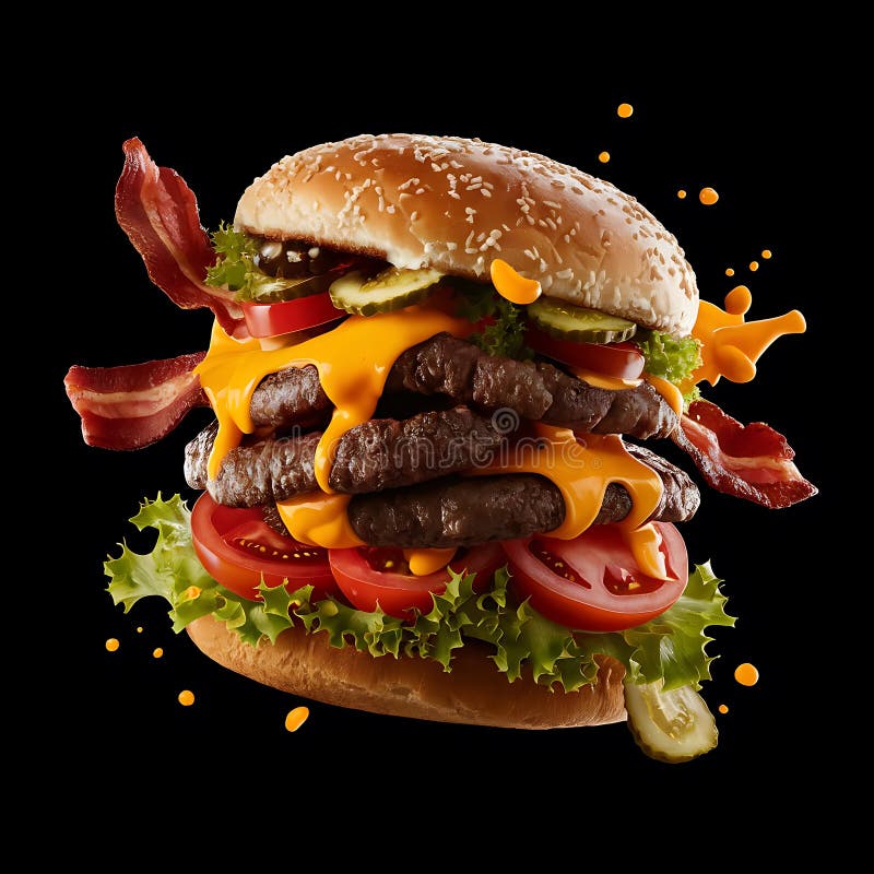 Floating Melted Cheese Splashing Burger Featuring Layers of Premium ...