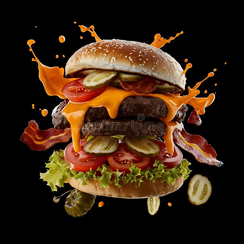 Floating Melted Cheese Splashing Burger Featuring Layers of Premium ...