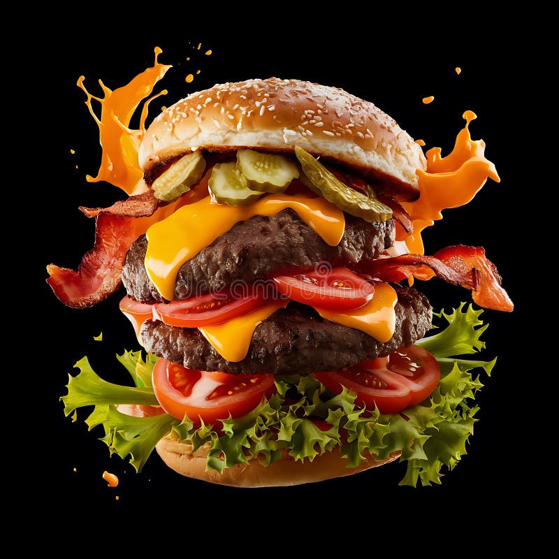 Floating Melted Cheese Splashing Burger Featuring Layers of Premium ...
