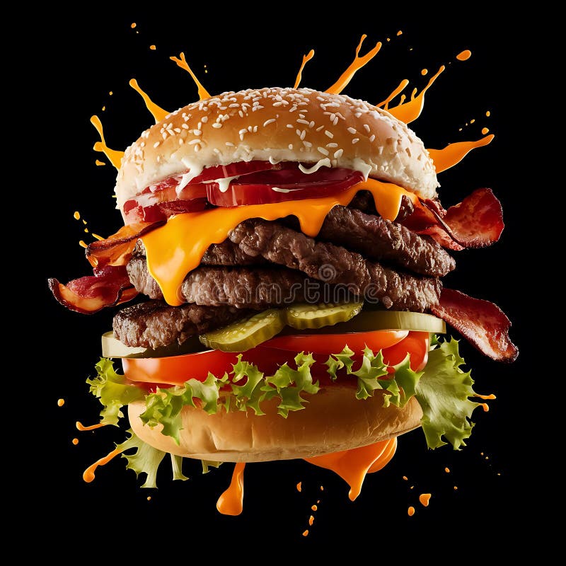 Floating Melted Cheese Splashing Burger Featuring Layers of Premium ...