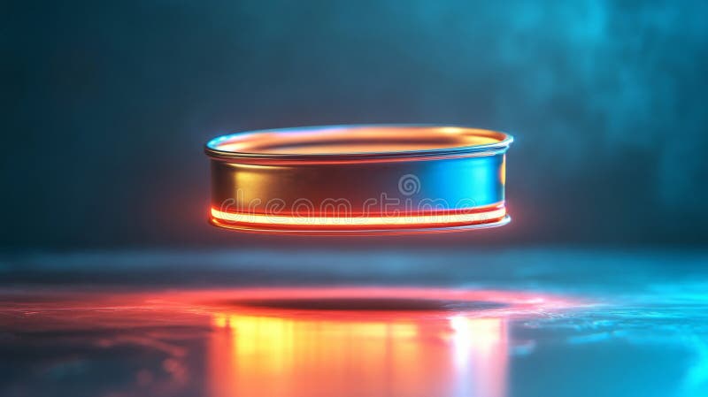 Floating Metal Can with Blue and Red Lighting on Dark Textured Surface ...