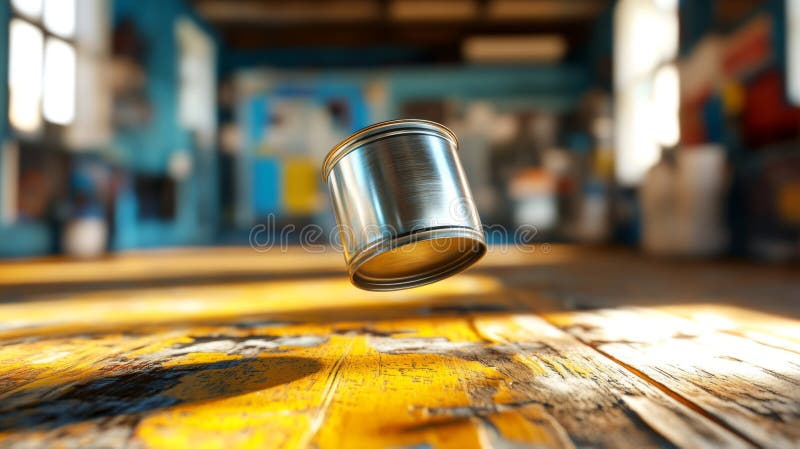 Floating Metal Can on Weathered Yellow Wooden Table with Abstract ...
