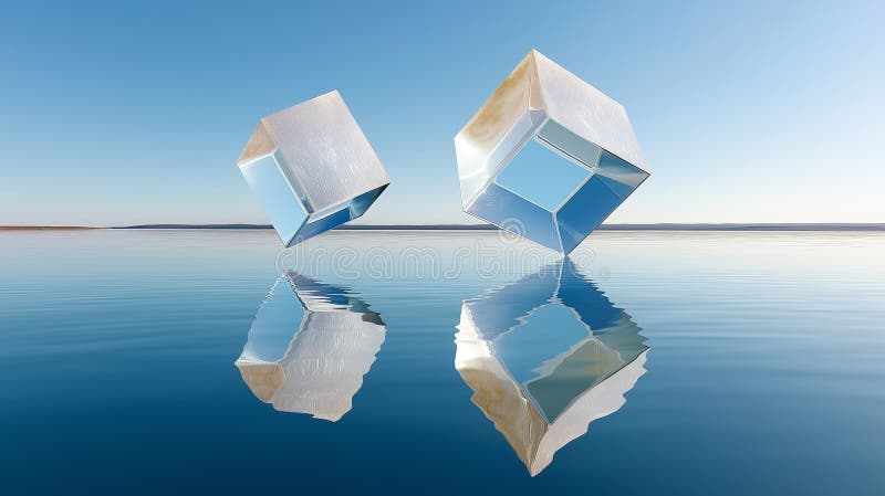 Floating Metallic Cubes Over Serene Ocean Under Clear Blue Sky Stock ...