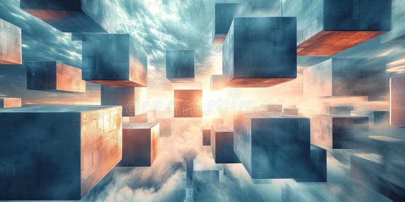 Floating Metallic Cubes Over Serene Ocean Under Clear Blue Sky Stock ...