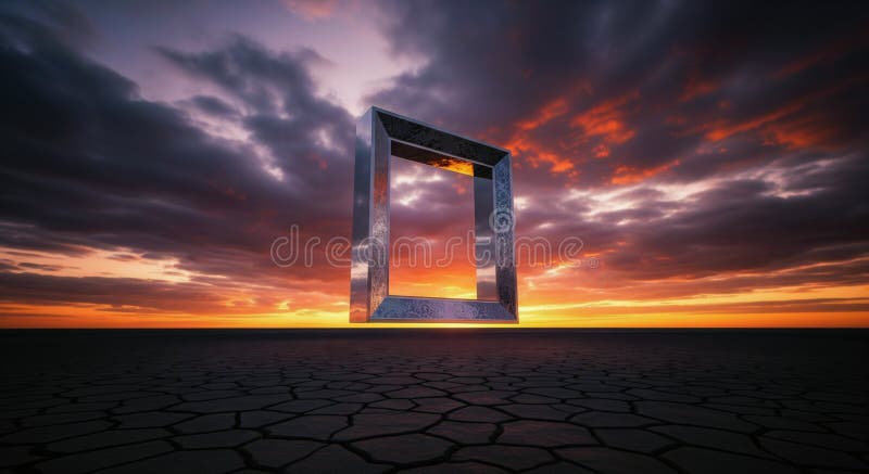 Floating Metallic Frame Over Desert Sunset Landscape Stock Illustration ...