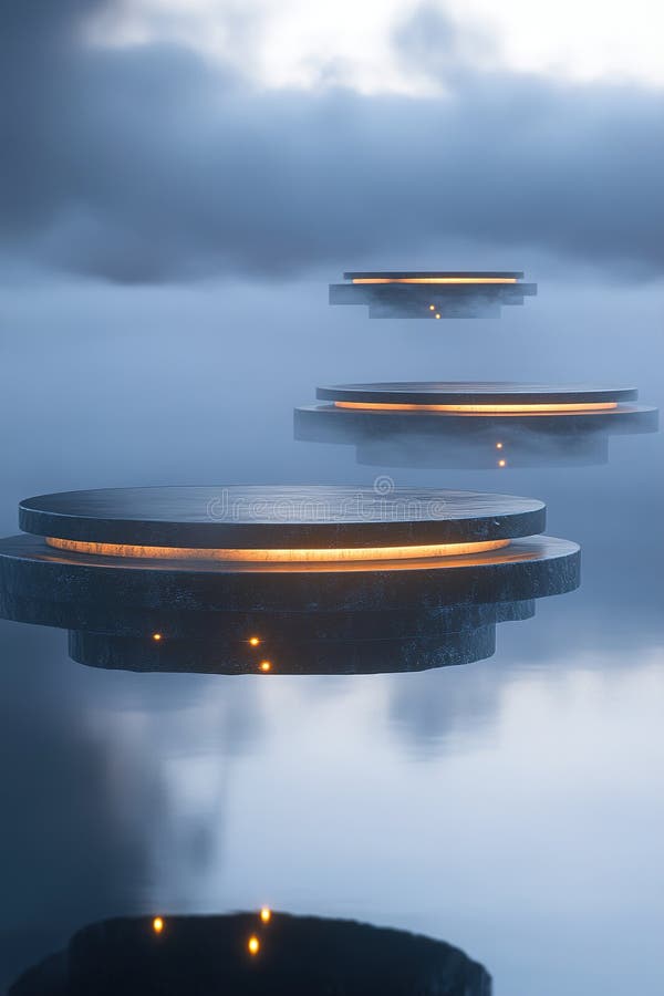 Floating Metallic Platforms Illuminated by Soft Glowing Lights in a ...