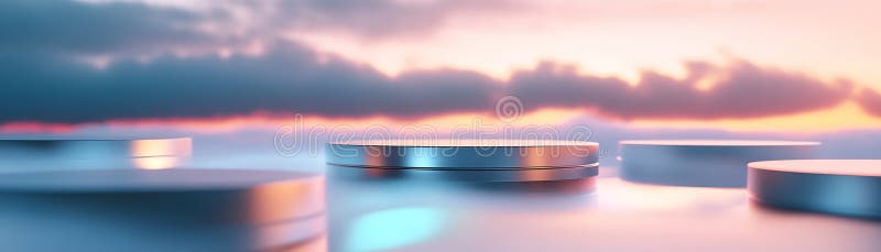 Floating Metallic Platforms Illuminated by Soft Lights Against a Misty ...