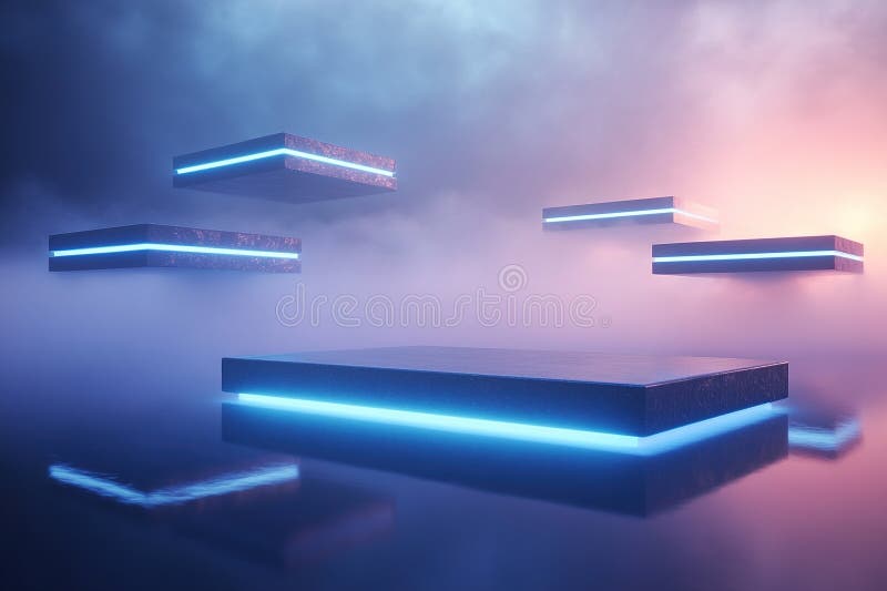 Floating Metallic Platforms Illuminated by Soft Lights Emerge from Mist ...