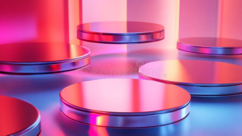 Floating Metallic Platforms in Vibrant Neon Light Stock Illustration ...