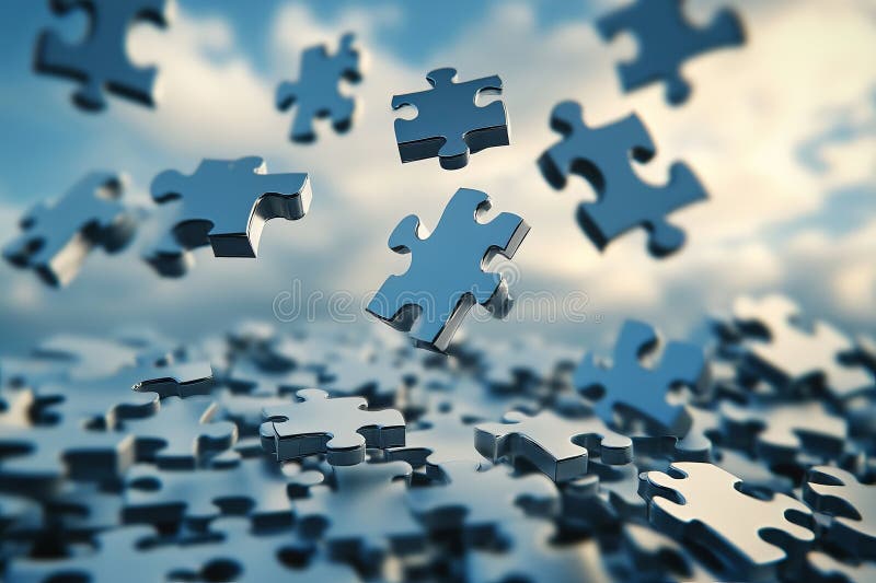 Floating Metallic Puzzle Pieces Against a Cloudy Sky Stock Illustration ...