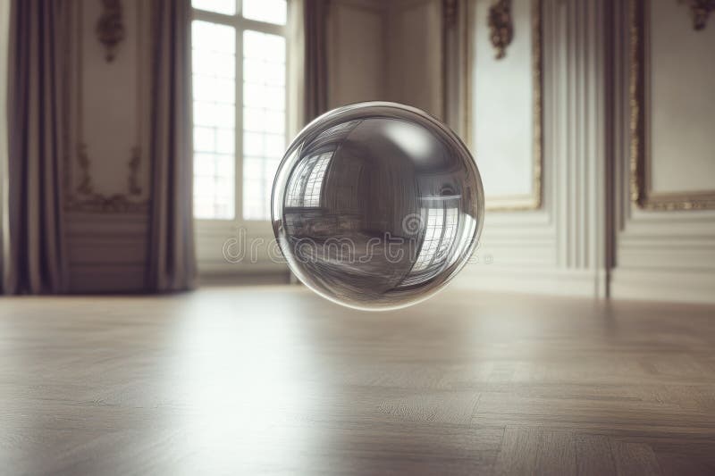 Floating Metallic Sphere in Elegant Room with Large Windows and Natural ...