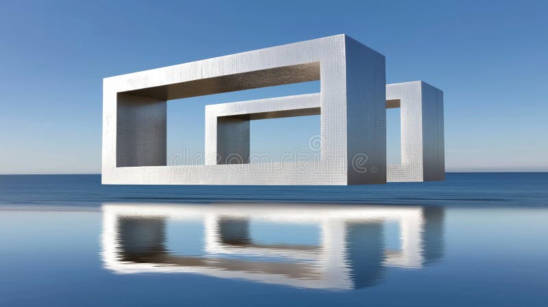 Floating Metallic Cubes Over Serene Ocean Under Clear Blue Sky Stock ...