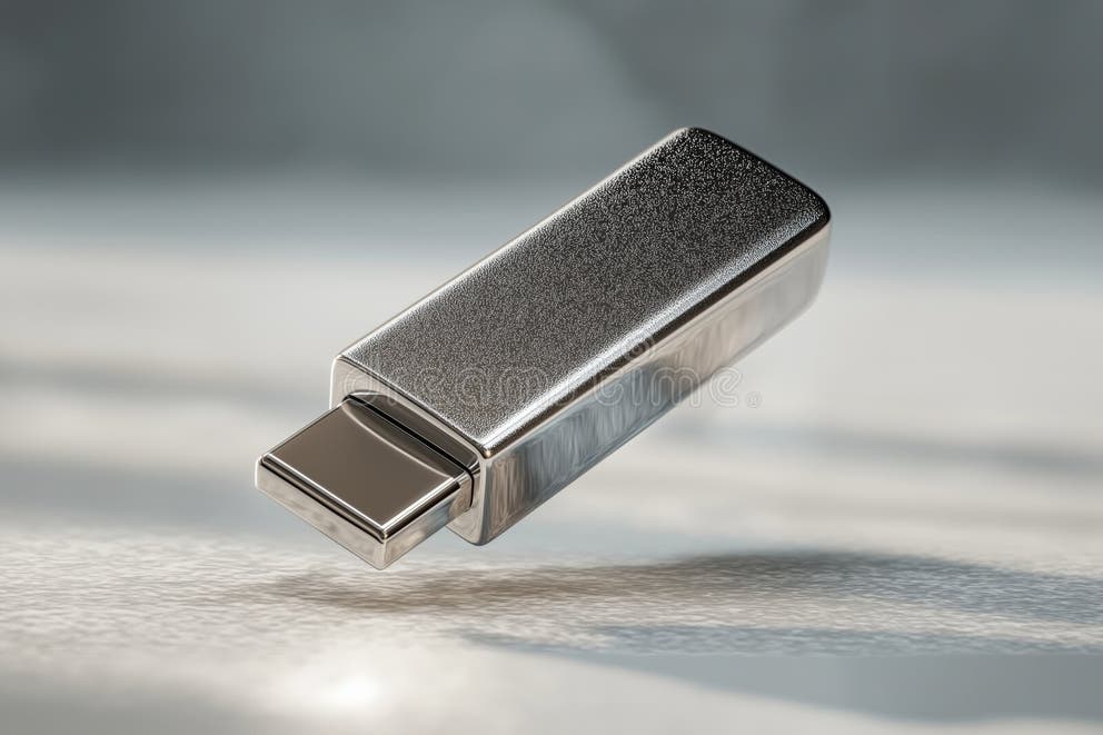 Floating Metallic USB Flash Drive on Glossy Surface. Concept of Digital ...