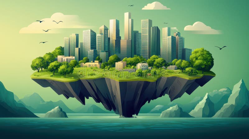 Floating Metropolis a Skybound Fusion of Nature Urban Life Stock ...