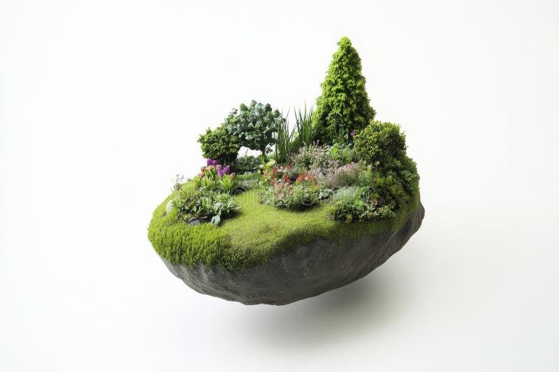 Floating Miniature Garden with Trees and Plants on Isolated White ...
