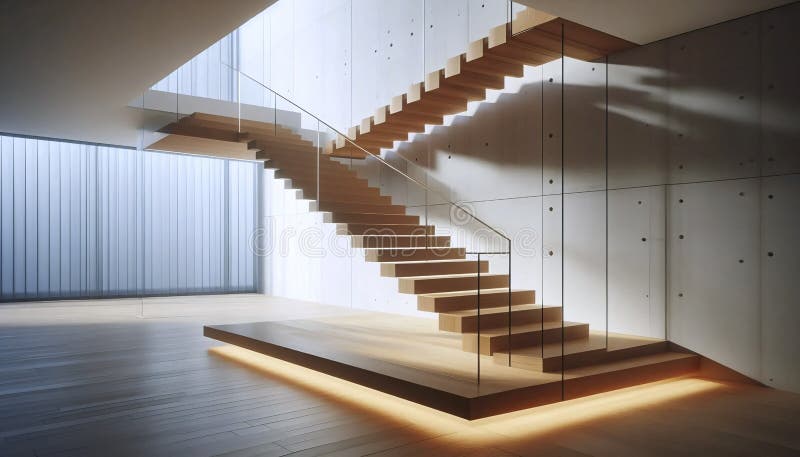 A Floating Minimalist Staircase with Wooden Steps and a Glass Railing ...