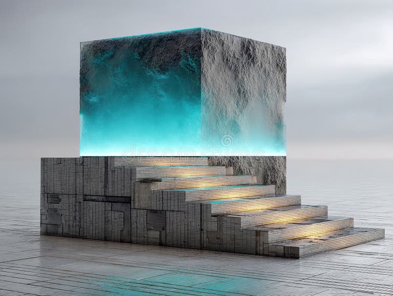 A Floating, Modern-ancient Structure with Angular Forms, Glowing from ...