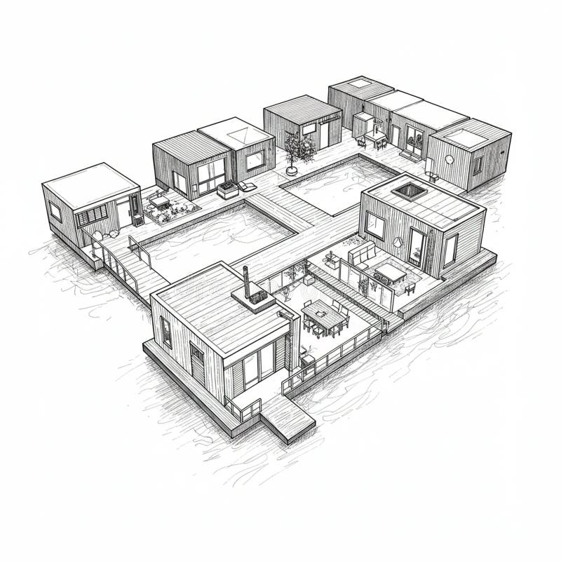 Floating Modular Homes are Depicted in a Sketch, Arranged Around a ...